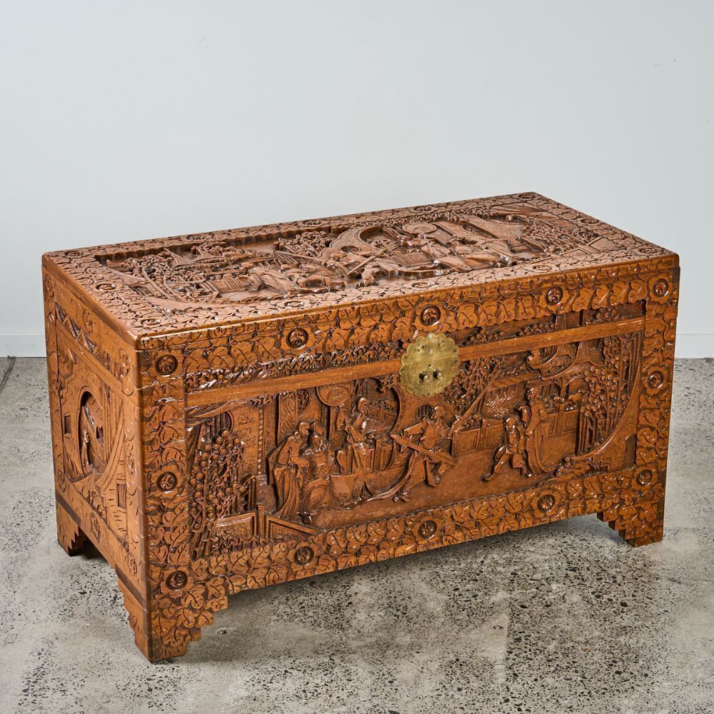 A Chinese 20th Century Molded Narrative Scene Camphor Box