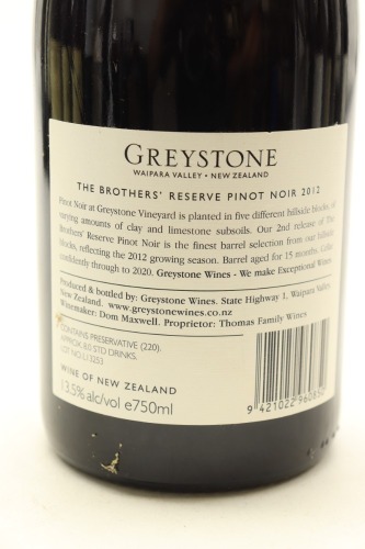 (2) 2012 Greystone Wines 'The Brothers' Reserve' Pinot Noir, Waipara
