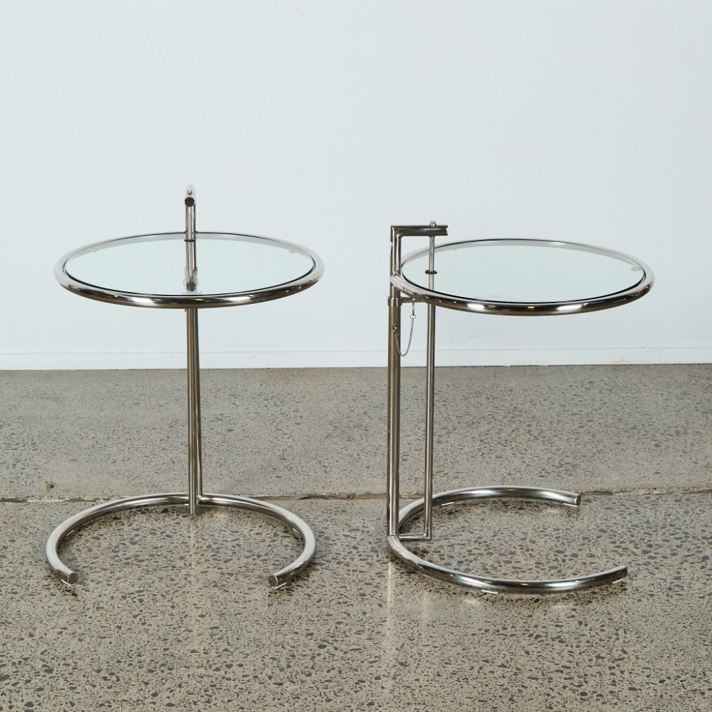 A Pair of Eileen Gray Style Telescopic Chrome and Glass Side Tables