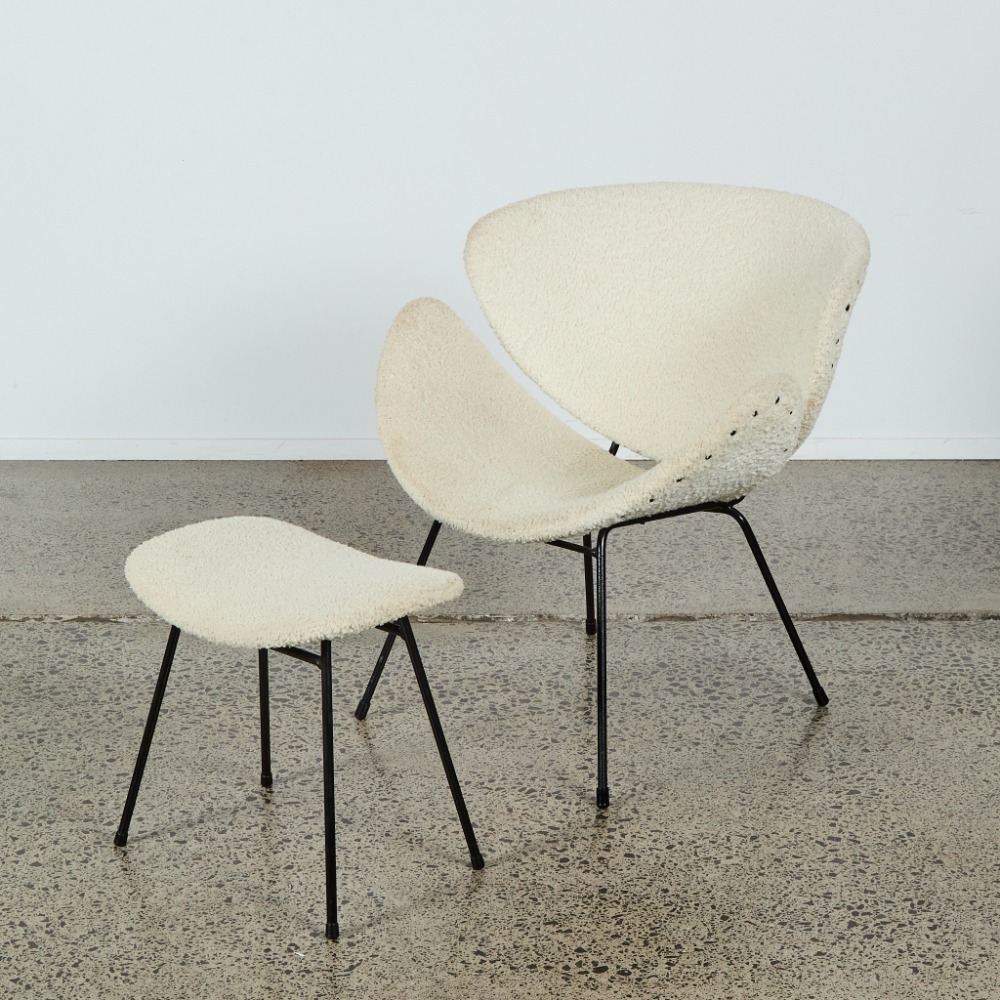 A Boucle Lip Chair and Ottoman