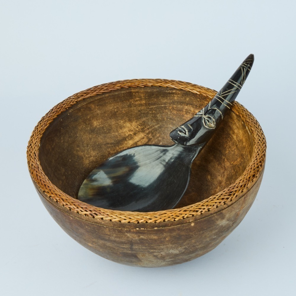A Decorative African Handmade Wooden Bowl with Horn Scoop