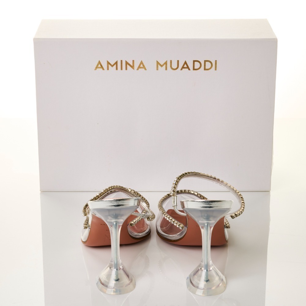 Amina Muaddi, Gilda Crystal Embellished Metallic Leather Heels with Box ...