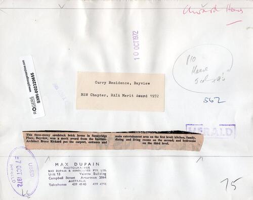 MAX DUPAIN Curry Residence, Bayview - NSW Chapter, RAIA Merit Award 1972