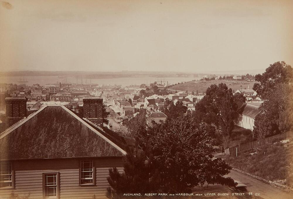 GEORGE VALENTINE Auckland, Albert Park and Harbour, from Upper Queen Street