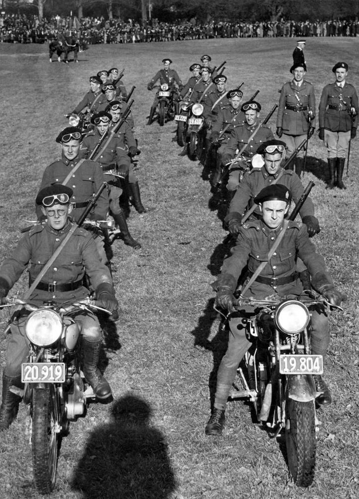 THE MOTOR-CYCLE PLATOON, THE 1ST BATTALION, CANTERBURY REGIMENT, AT ...
