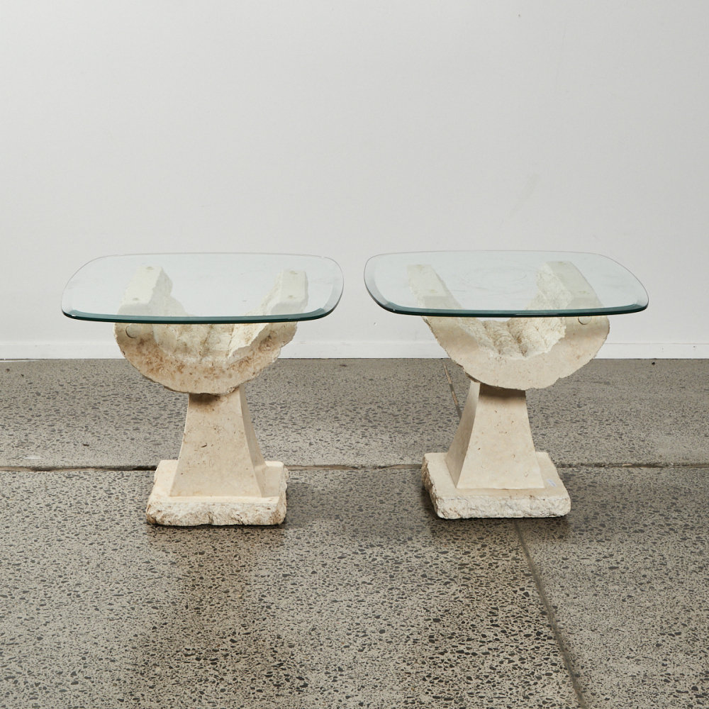 A Pair Of Glass Top Stone Side Tables