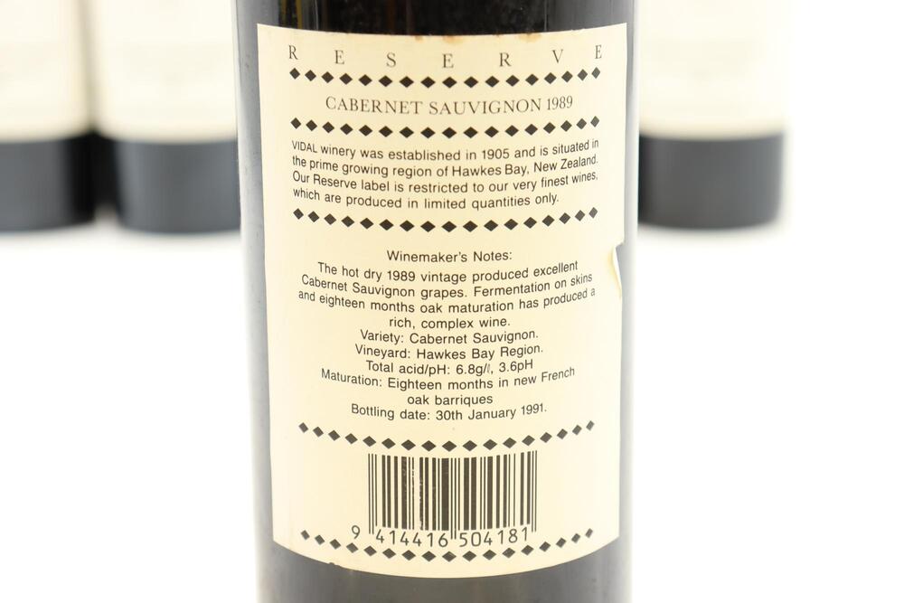 (6) 1989 Vidal Estate Reserve Merlot Cabernet Sauvignon, Hawke's Bay