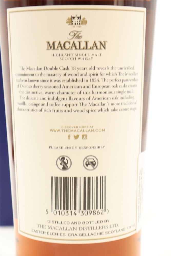 (1) The Macallan 18 Year Old Double Cask Single Malt Whisky, 43% ABV
