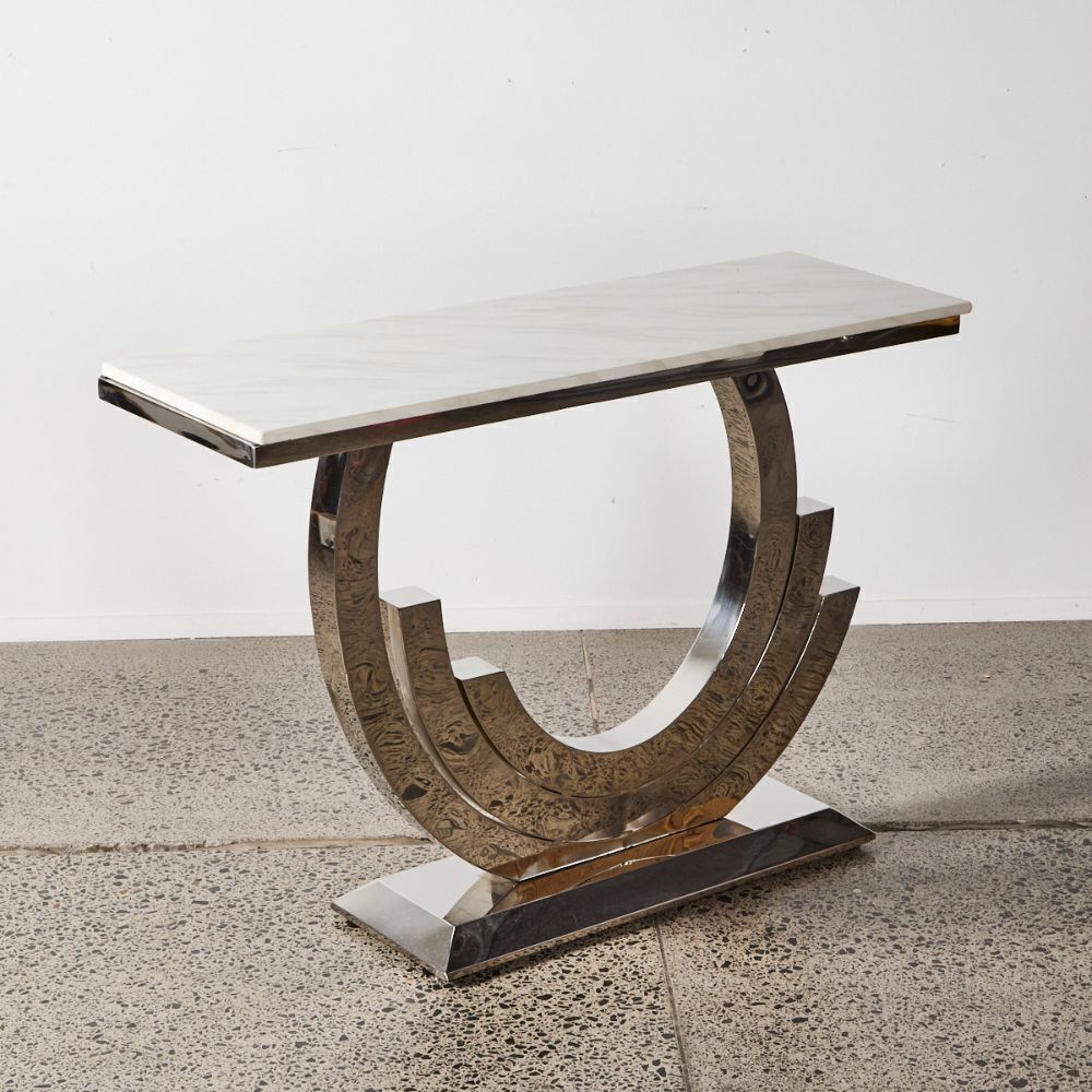 A Deco Style Marble and Stainless Steel Consul Table