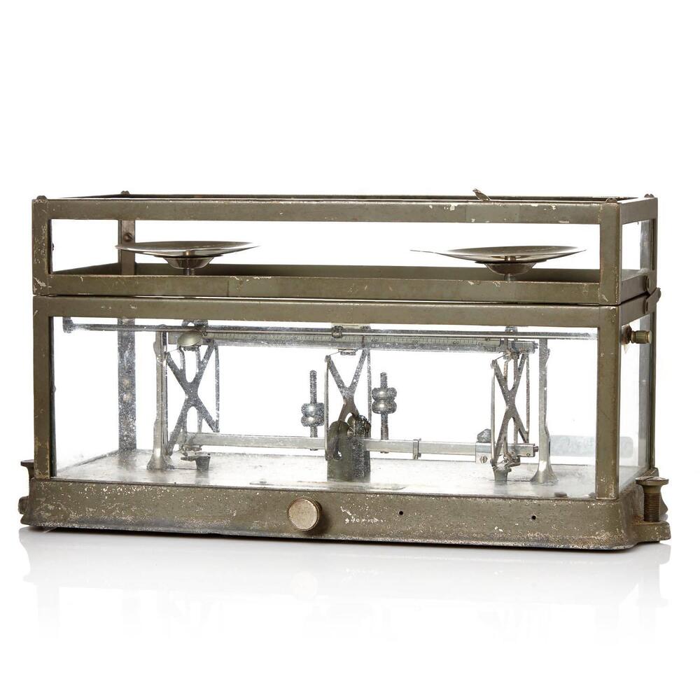 A Glass Framed Scientific Nickel Balance Scale