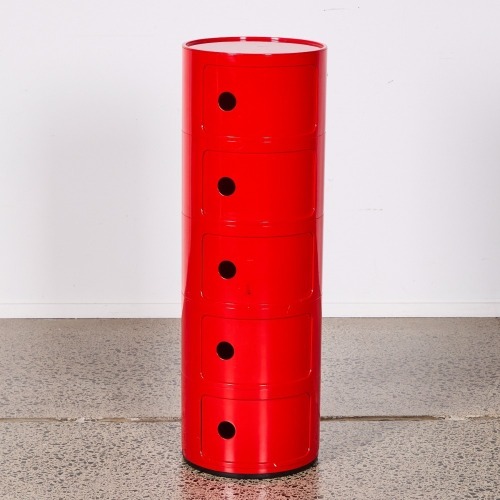A Red Five Compartment Kartell Componibili Style Storage Unit