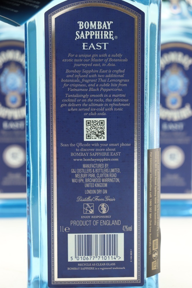 (3) Bombay Sapphire East Dry Gin, 42% ABV, 1000ml (GB)