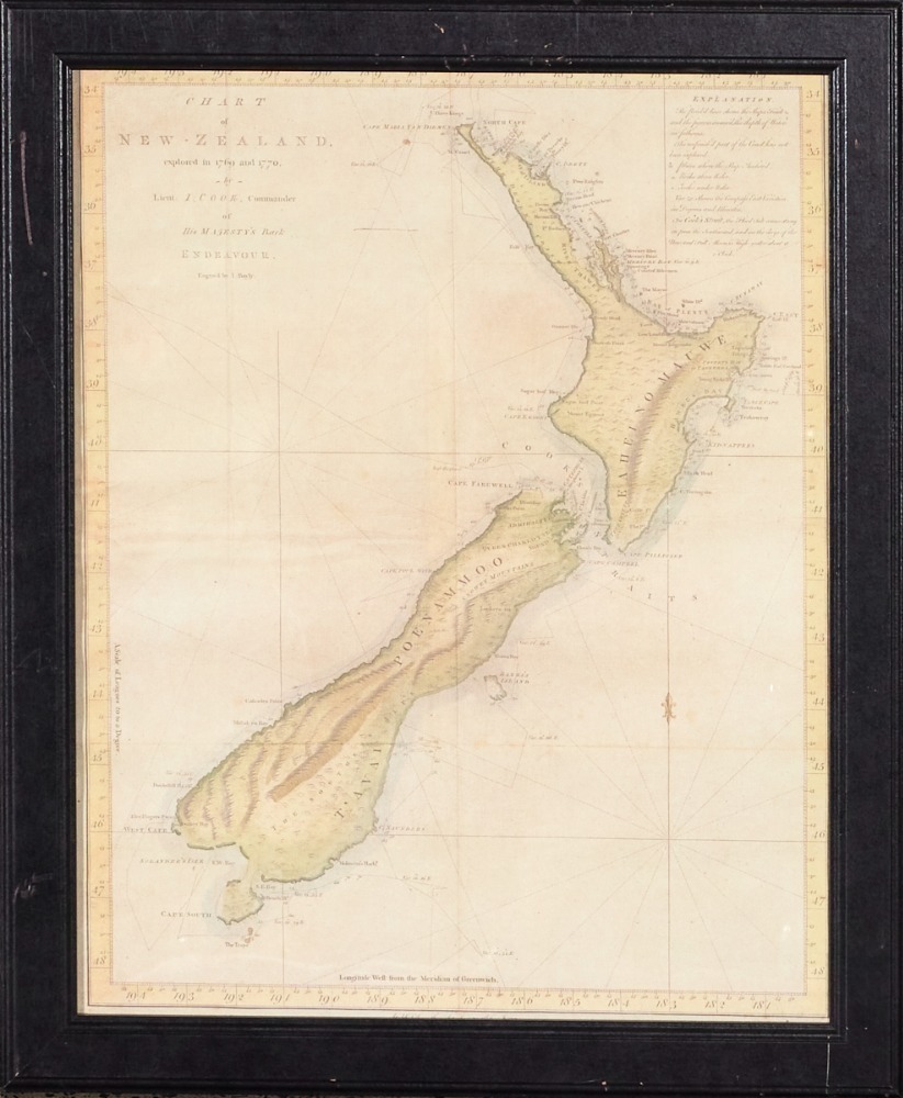 A Vintage Frame Capt Cook New Zealand Map